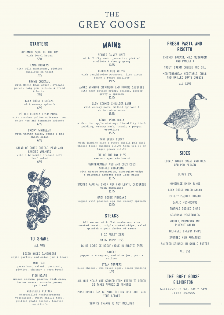 The Grey Goose Food Menu Design – The Queen of Bradgate